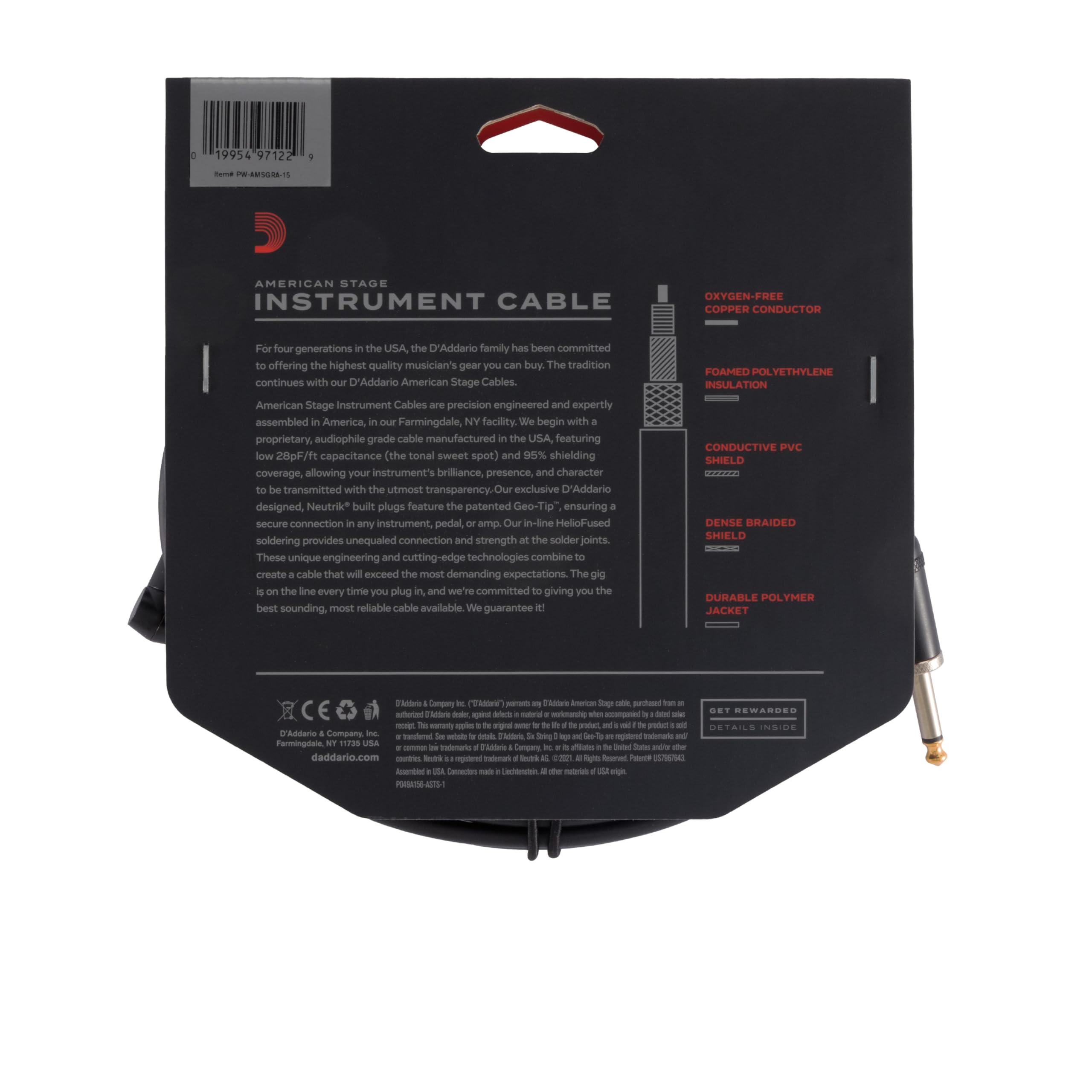 D'Addario Guitar Cable - American Stage - Made in the USA - Geo Tip for Secure Connection - 1/4 Inch Male to 1/4 Inch Male - 15 Feet - Straight End/Right Angle - 1 Pack