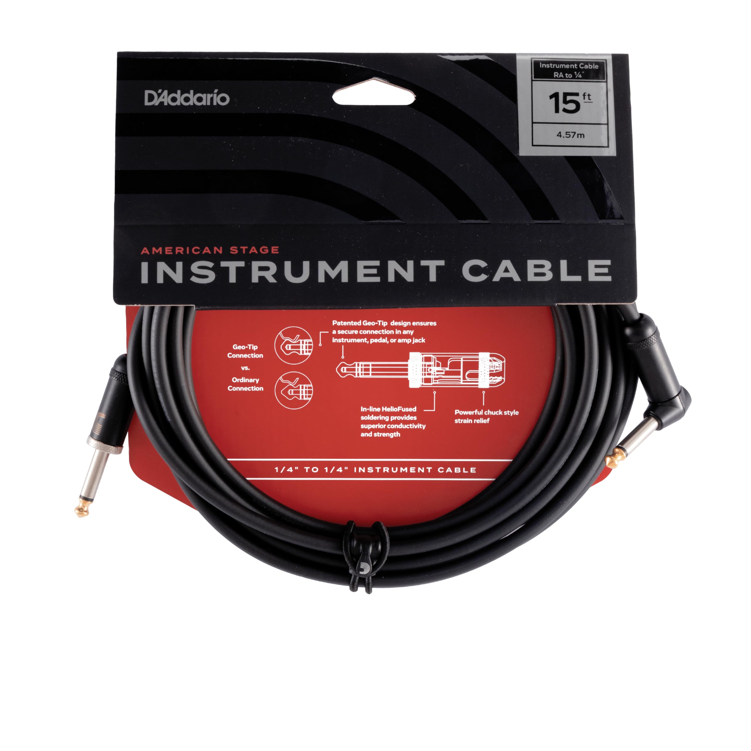 D'Addario Guitar Cable - American Stage - Made in the USA - Geo Tip for Secure Connection - 1/4 Inch Male to 1/4 Inch Male - 15 Feet - Straight End/Right Angle - 1 Pack