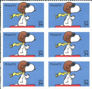 peanuts ~ snoopy ~ red baron ~ charles schulz #3507 block of 6 x 34¢ us postage stamps