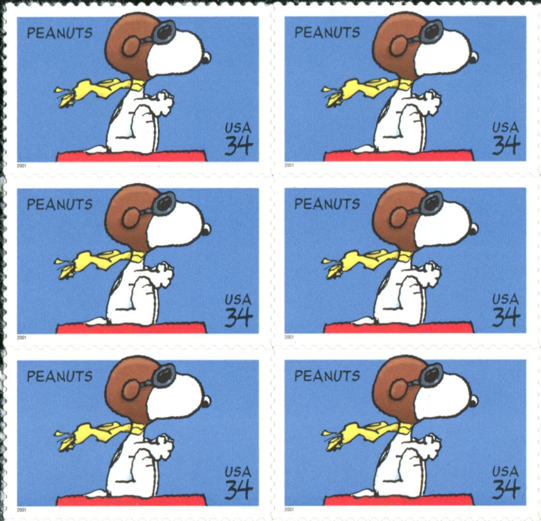 PEANUTS ~ SNOOPY ~ RED BARON ~ CHARLES SCHULZ #3507 Block of 6 x 34¢ US Postage Stamps