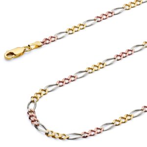 14k REAL Tri Color Gold Solid 2.5mm Figaro 3+1 Concave Chain Necklace with Lobster Claw Clasp - 18"