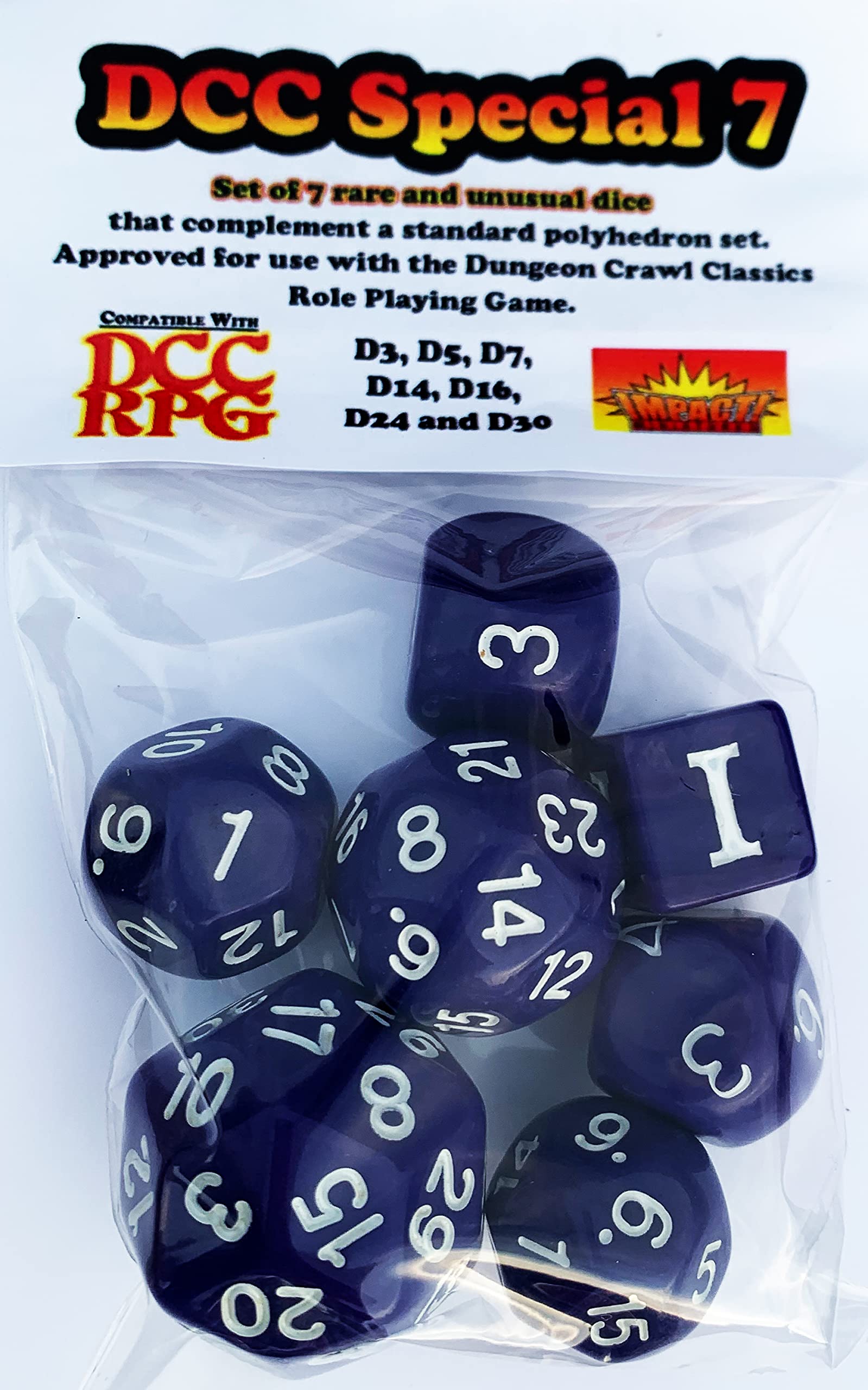 DCC Special 7 - Purple - Set of 7 Rare and Unusual RPG dice Approved for use with Dungeon Crawl Classics