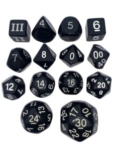 impact! miniatures black - 14 unusual dice set approved for use with dungeon crawl classics - dcc