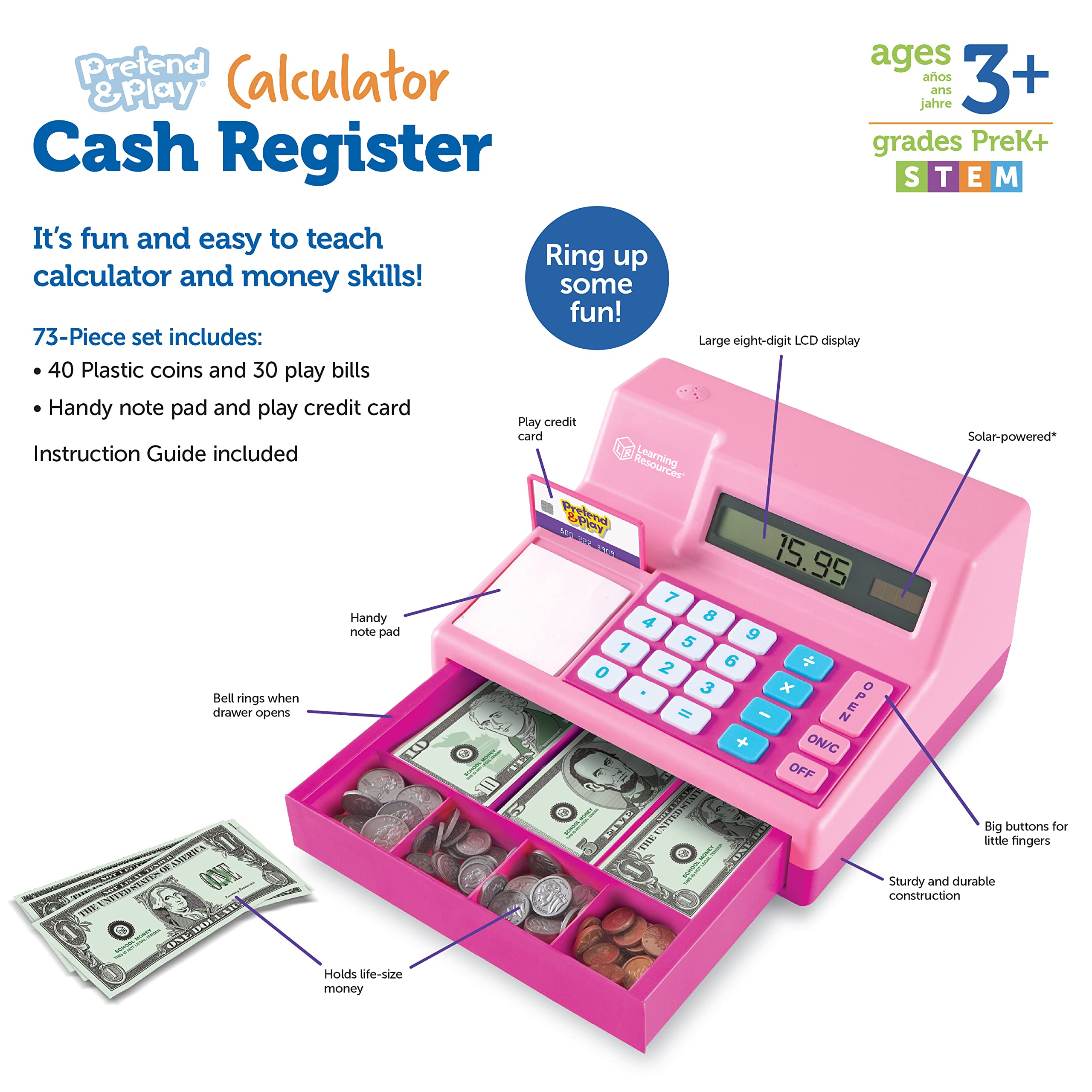 Learning Resources Pretend & Play Calculator Cash Register Pink - 73 Pieces, Ages 3+, Cash Register for Kids, Play Money for Kids, Toddlers Toys, Toy Register