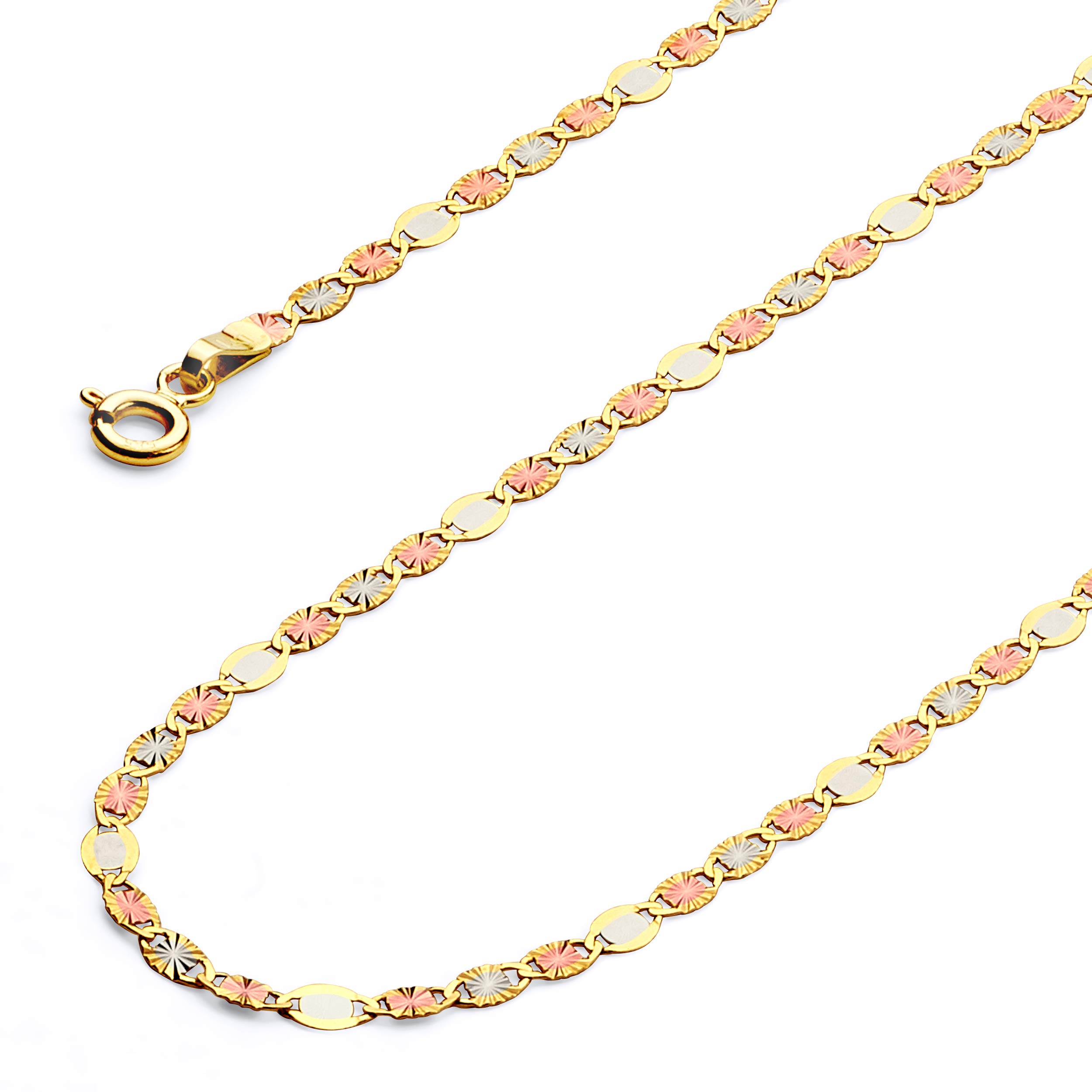 14k REAL Tri Color Gold Solid 2mm Flat Star Diamond Cut Chain Necklace with Spring Ring Clasp - 18"