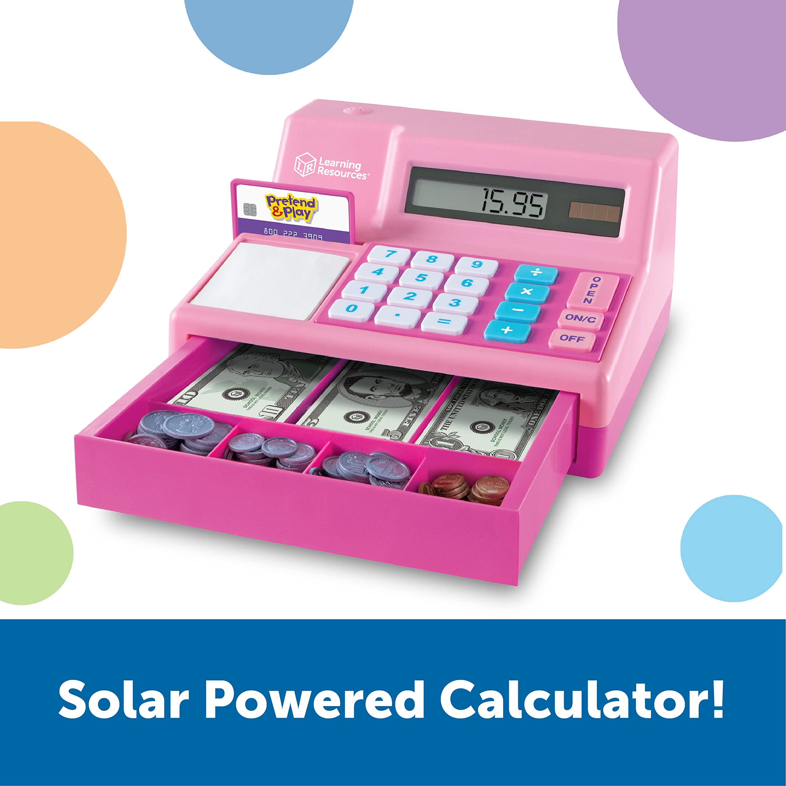 Learning Resources Pretend & Play Calculator Cash Register Pink - 73 Pieces, Ages 3+, Cash Register for Kids, Play Money for Kids, Toddlers Toys, Toy Register