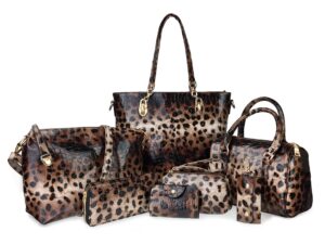 hoxis pack of 7 bags women multi-purpose classic design purse leatherette shoulder handbag(leopard print)