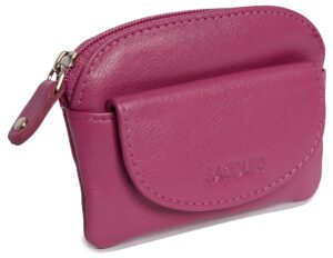 saddler womens luxurious leather zip top coin purse | designer ladies change pouch with key ring |gift boxed - black - magenta