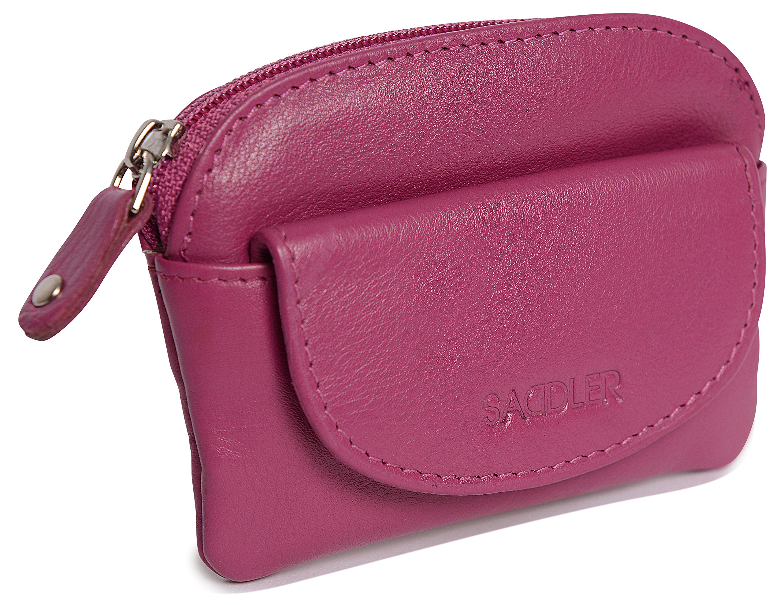 SADDLER Womens Luxurious Leather Zip Top Coin Purse | Designer Ladies Change Pouch with Key Ring |Gift Boxed - Black - Magenta