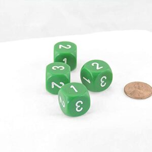 green opaque dice with white numbers d3 (d6 1-3 twice) 16mm (5/8in) pack of 4 wondertrail