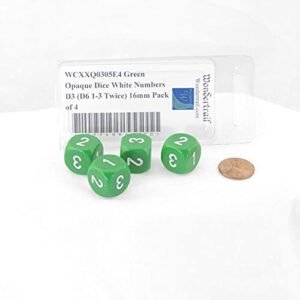 Green Opaque Dice with White Numbers D3 (D6 1-3 Twice) 16mm (5/8in) Pack of 4 Wondertrail