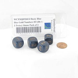 Dusty Blue Opaque Dice with Gold Numbers D3 (D6 1-3 Twice) 16mm (5/8in) Pack of 4 Wondertrail