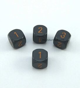 wondertrail dark grey opaque dice with gold numbers d3 (d6 1-3 twice) 16mm (5/8in) pack of 4