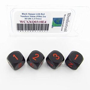 WCXXQ0318E4 Black Opaque Dice with Red Numbers D3 (D6 1-3 Twice) 16mm (5/8in) Pack of 4 Dice Chessex