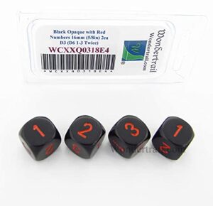 wcxxq0318e4 black opaque dice with red numbers d3 (d6 1-3 twice) 16mm (5/8in) pack of 4 dice chessex