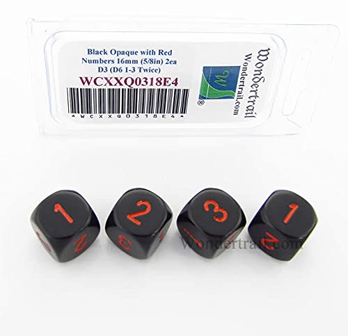 WCXXQ0318E4 Black Opaque Dice with Red Numbers D3 (D6 1-3 Twice) 16mm (5/8in) Pack of 4 Dice Chessex