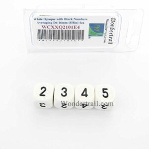 wondertrail white opaque dice with black numbers d6 averaging dice 16mm (5/8in) pack of 4