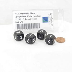 Wondertrail Black Opaque Dice with White Numbers D3 (D6 1-3 Twice) 16mm (5/8in) Pack of 4