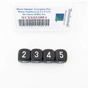 wondertrail black opaque dice with white numbers d6 averaging dice 16mm (5/8in) pack of 4