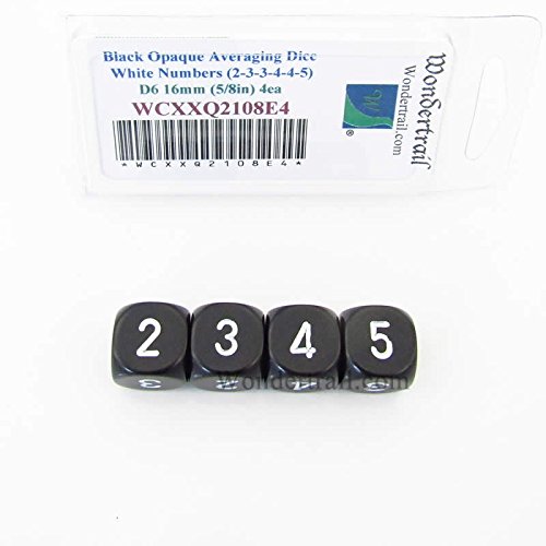 Wondertrail Black Opaque Dice with White Numbers D6 Averaging Dice 16mm (5/8in) Pack of 4