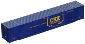 walthers scenemaster ho scale model of csx transportation (blue, yellow; boxcar logo) 53' singamas corrugated side container,949-8502