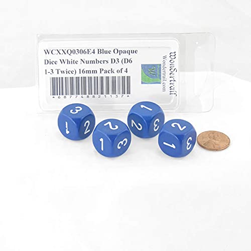 Wondertrail Blue Opaque Dice with White Numbers D3 (D6 1-3 Twice) 16mm (5/8in) Pack of 4