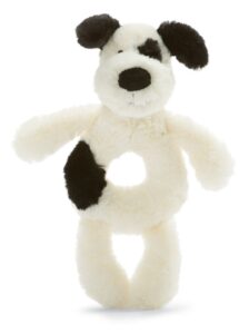 jellycat bashful black and cream puppy soft plush baby toy ring rattle