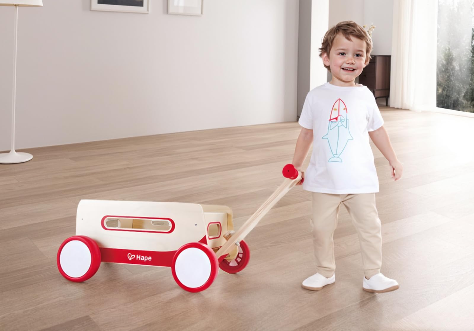 Hape Wooden Wagon Push and Pull Toy| Baby Learning Walker with Wheels for Toddlers Age 1 Year Old and up