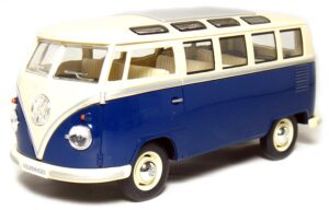 kingsmart 1962 volkswagen classic hippy bus 7" 1:24scale blue die cast metal model toy pull back action car