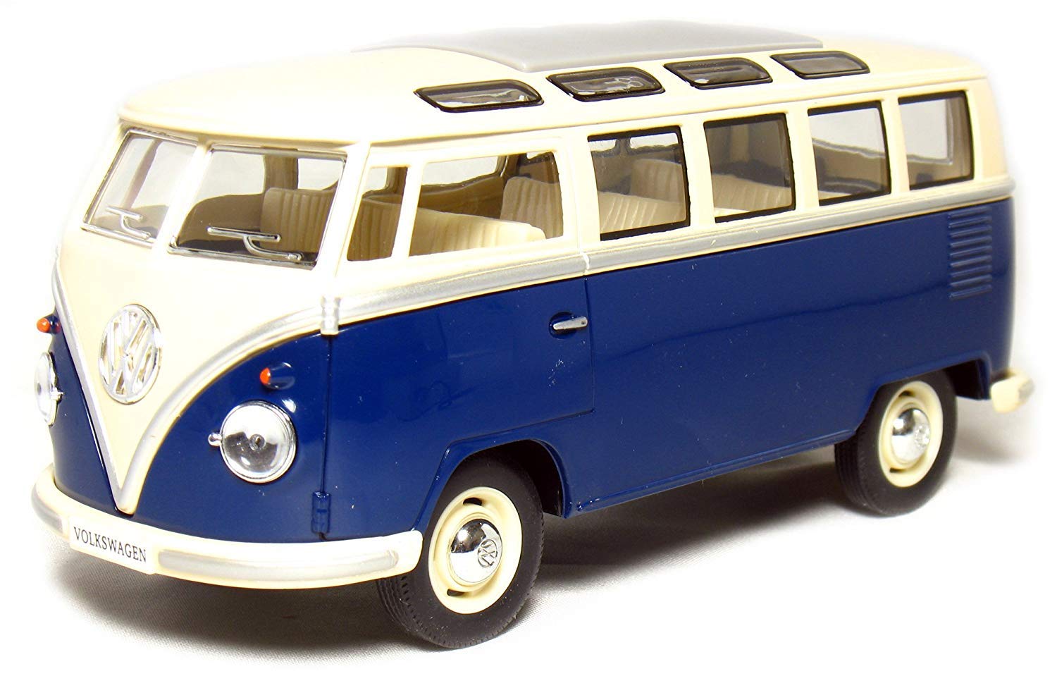 KINGSMART 1962 Volkswagen Classic Hippy Bus 7" 1:24Scale Blue Die Cast Metal Model Toy Pull Back Action Car