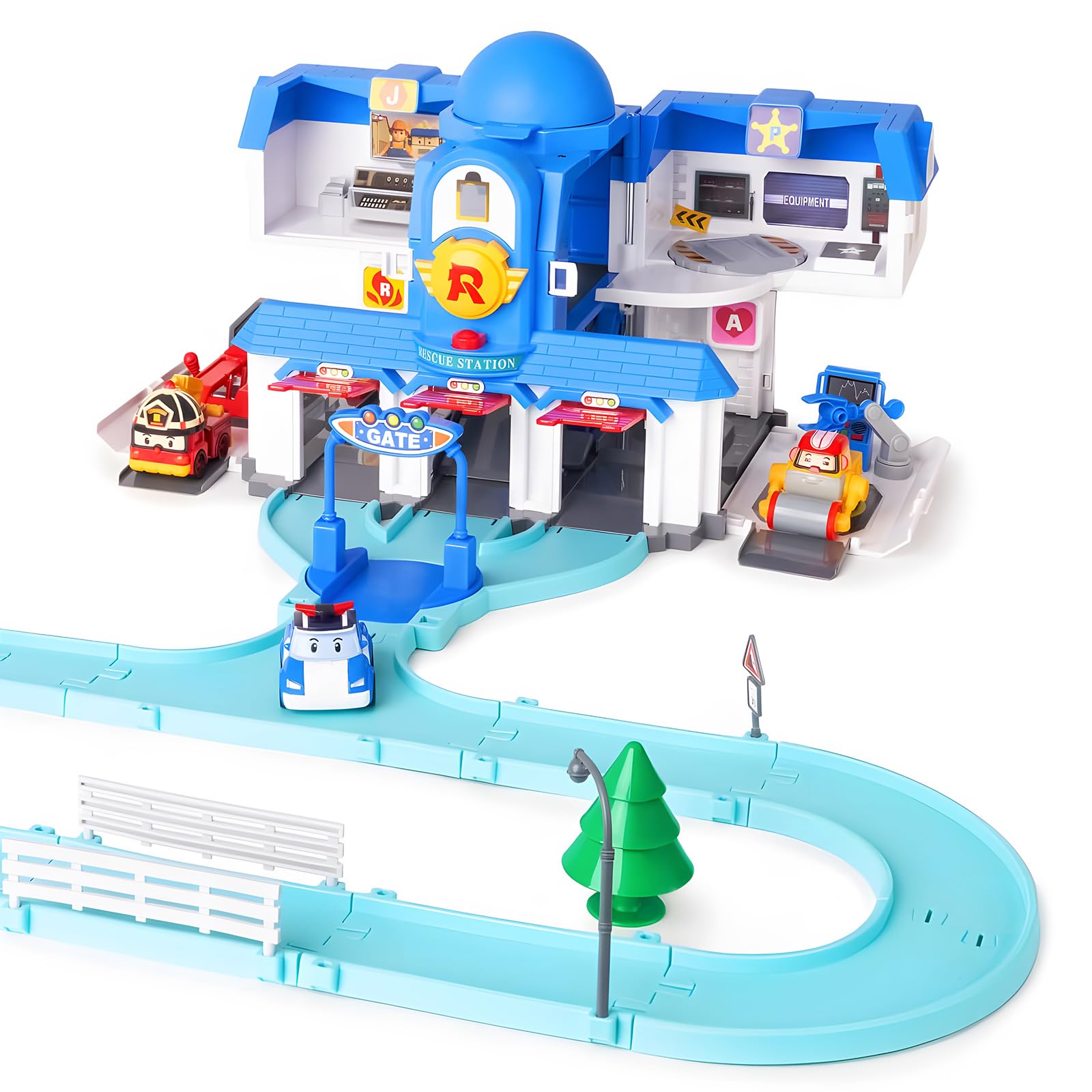 Robocar Poli Toys Exclusive, Transforming Headquarter Station Playset, Rescue Center Race Track Set for Diecast Cars Toy, Emergency Firetruck Station Rescue Toys Gift for Kid Boy Girl Age 1 2 3 4 5