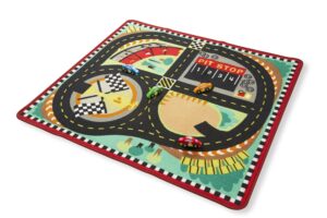 melissa & doug round the speedway race track rug with 4 race cars (39 x 36 inches) , black