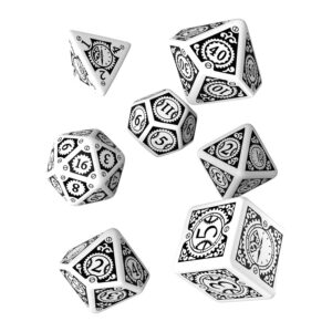 q workshop steampunk clockwork white & black rpg dice set 7 polyhedral pieces