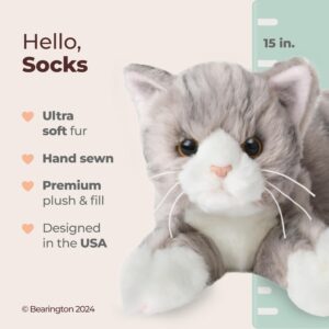 Bearington Collection Socks Cat 15 Inch Plush Cat - Stuffed Cats That Look Real - Stuffed Kitty Grey Cat Stuffed Animal