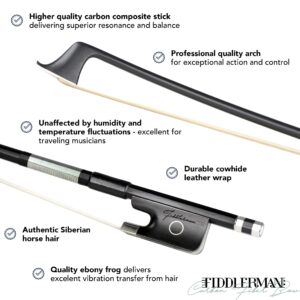 Fiddlerman Black Carbon Fiber Cello Bow Powder Coated Copper Mounted Ebony Frog Hand Made With Unbleached Siberian Horse Hair 4/4