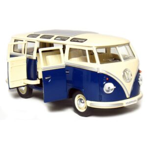 KINGSMART 1962 Volkswagen Classic Hippy Bus 7" 1:24Scale Blue Die Cast Metal Model Toy Pull Back Action Car