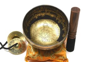 8" healing meditation mantra carved singing bowl, etching tibetan art, hand hammered singing bowls with silk cushion, gong & mallet striker