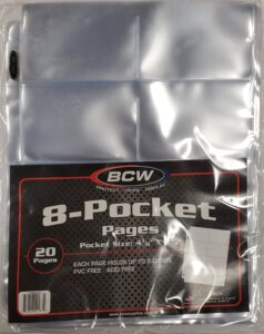 bcw pro 8-pocket page for trading cards | fits standard 3-ring binders | acid-free, no pvc | tall photocard sleeves | archival-quality, high clarity polypropylene | holds eight 2 5/8" x 4" cards