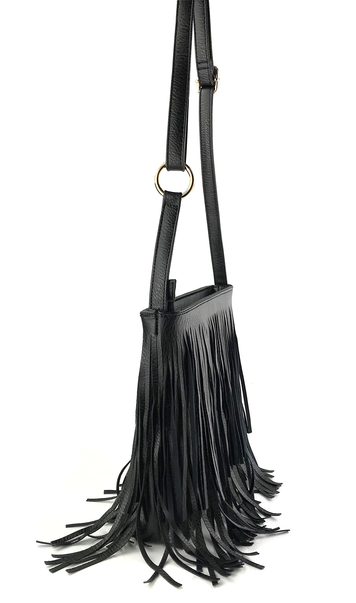 Glossy Fringe Cross Body Shoulder Bag Tassel Womens Purse(Black)