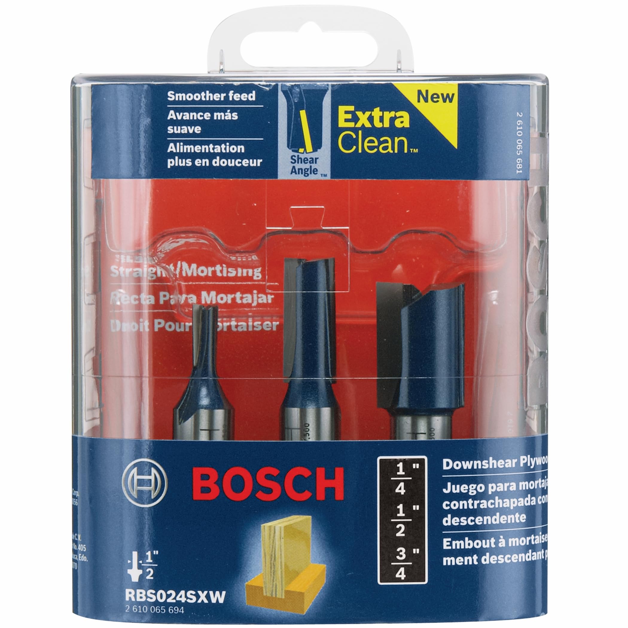 BOSCH RBS024SXW 3-Piece Assorted Set Carbide-Tipped Down Shear Plywood Mortising Router Bits Ideal for Applications in Standard-Size Plywood