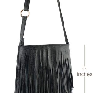 Glossy Fringe Cross Body Shoulder Bag Tassel Womens Purse(Black)