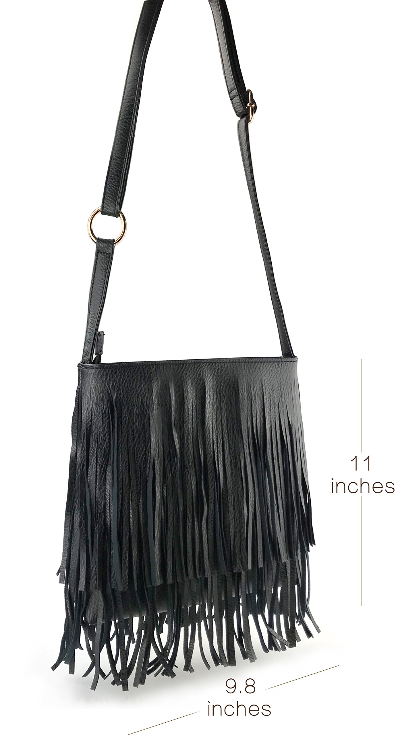 Glossy Fringe Cross Body Shoulder Bag Tassel Womens Purse(Black)