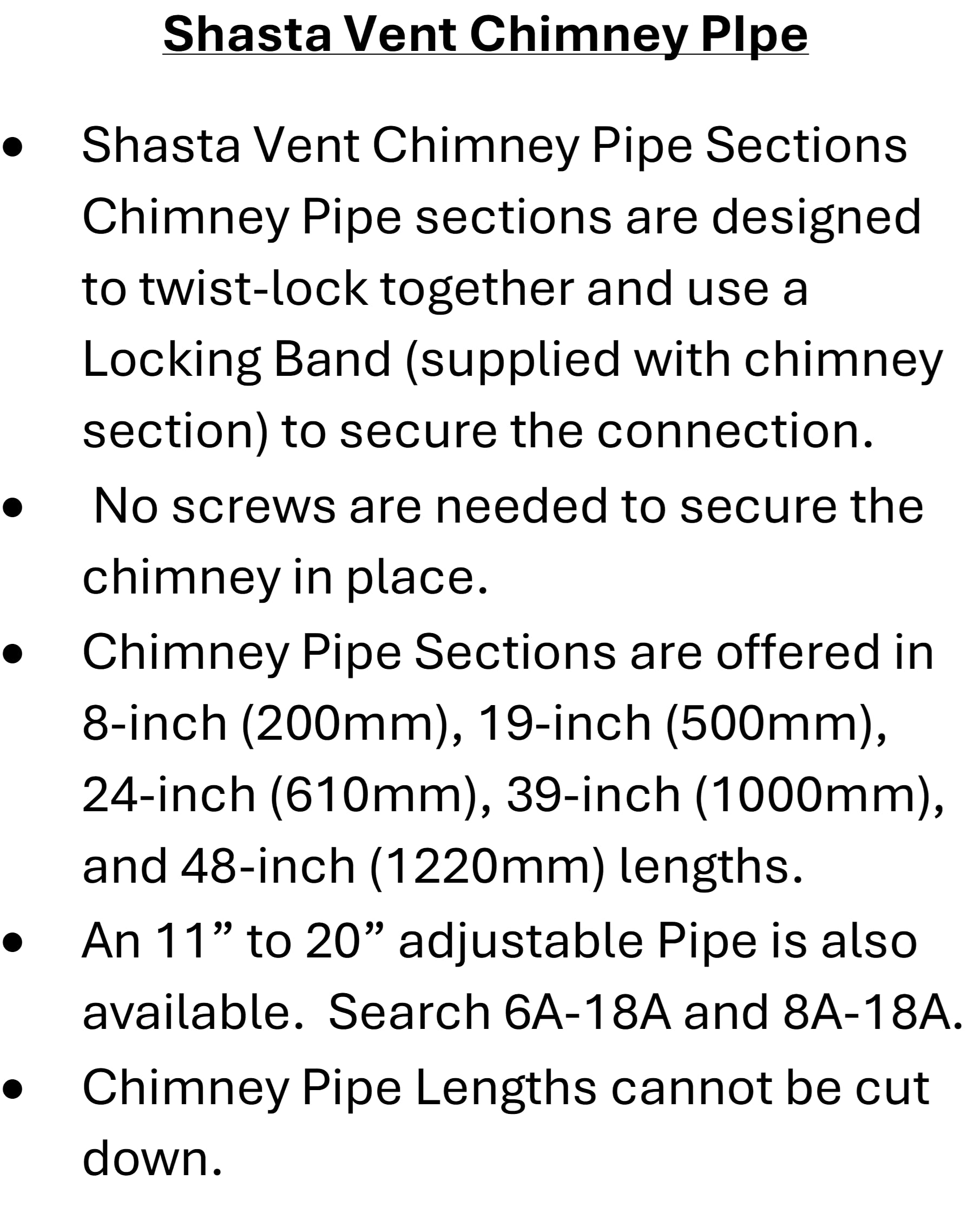 SHASTA VENT 8" x 24" Class A, All Fuel, Double Wall, Insulated, Stainless Steel Chimney Pipe 8" Dia. x 24" Length