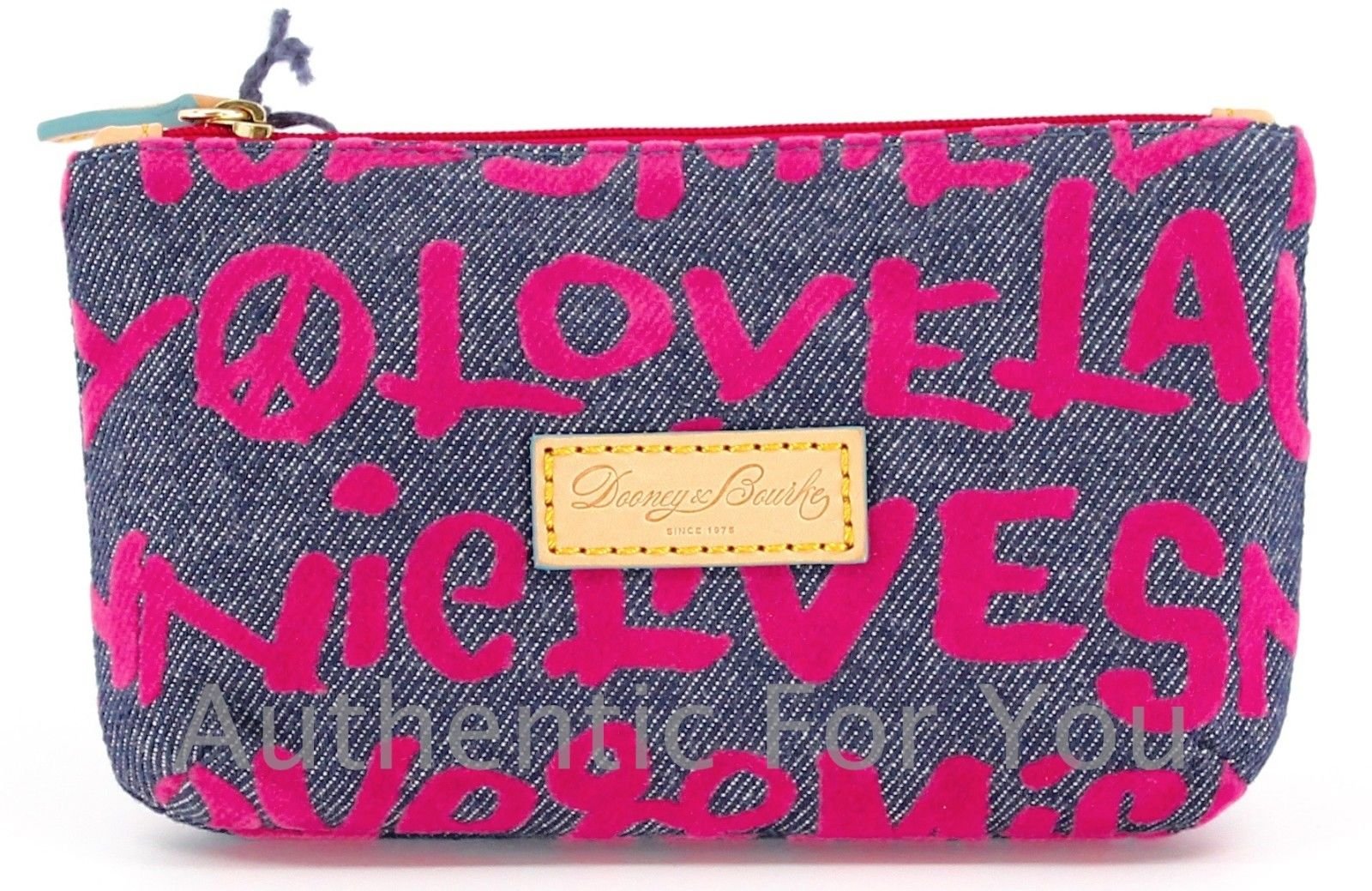 Disney Dooney & Bourke Pink Denim Wallet - Mickey Minnie Peace Love Laugh Smile