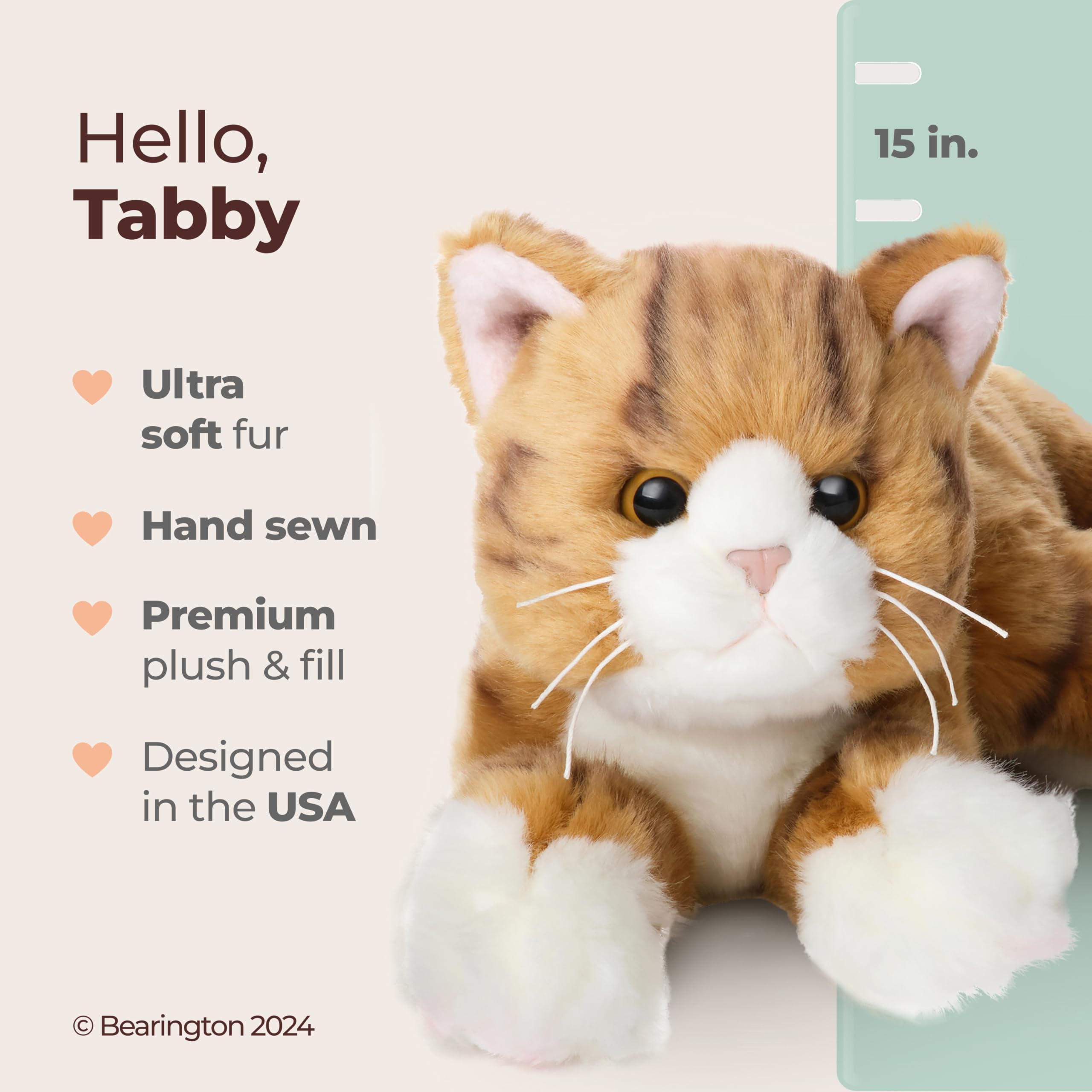 Bearington Collection Tabby Cat 15 Inch Stuffed Cat - Orange Cat Plush - Stuffed Cats That Look Real