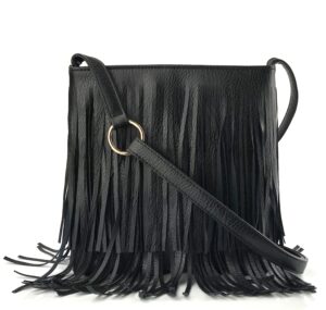 glossy fringe cross body shoulder bag tassel womens purse(black)