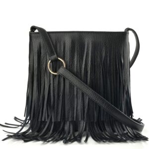 Glossy Fringe Cross Body Shoulder Bag Tassel Womens Purse(Black)