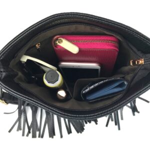 Glossy Fringe Cross Body Shoulder Bag Tassel Womens Purse(Black)