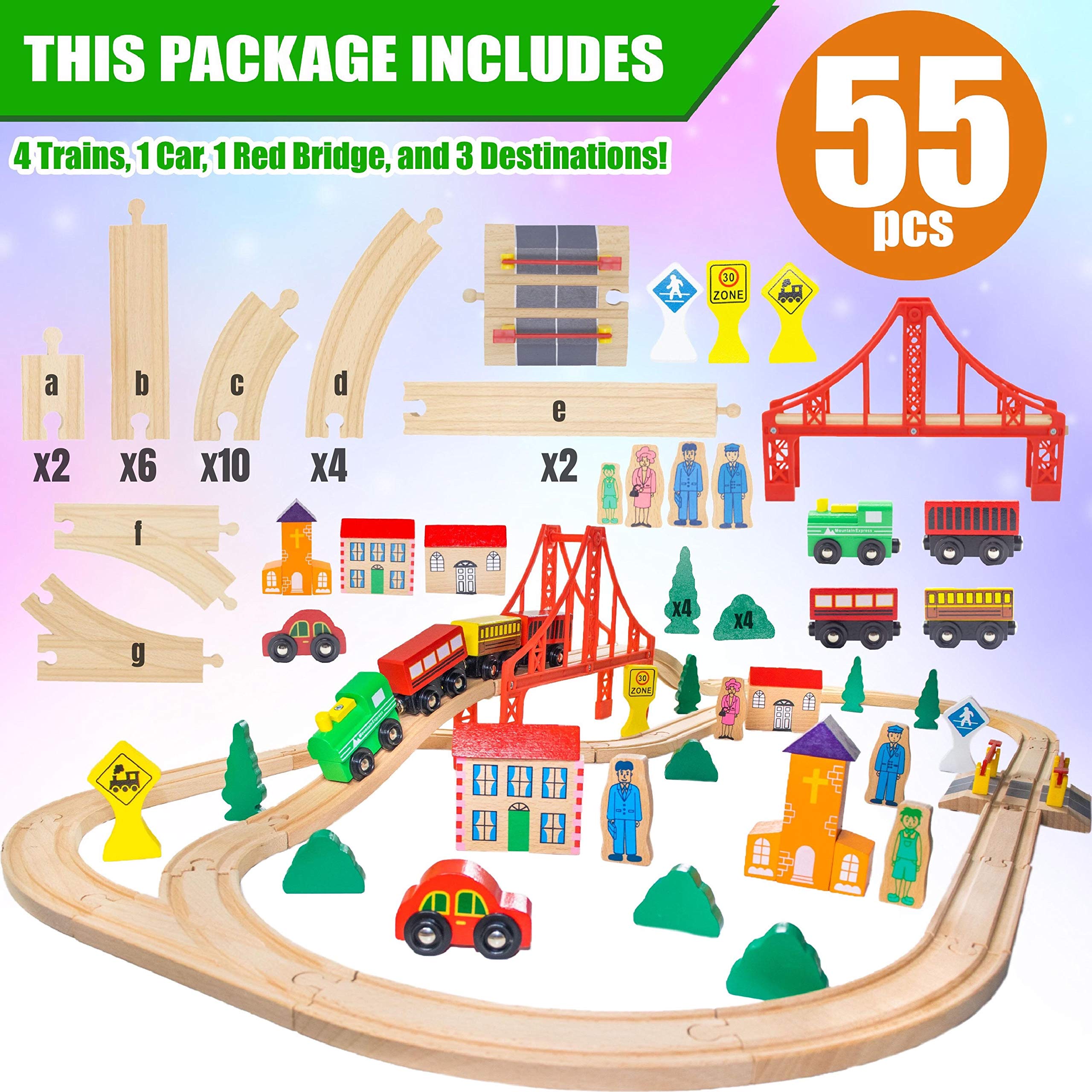 Wooden Train Tracks Full Set, Deluxe 55 Pcs with 3 Destination Fits Thomas, Brio, IKEA, Chuggington, Imaginarium, Melissa and Doug - Best Gifts for Kids Toddler Boys and Girls