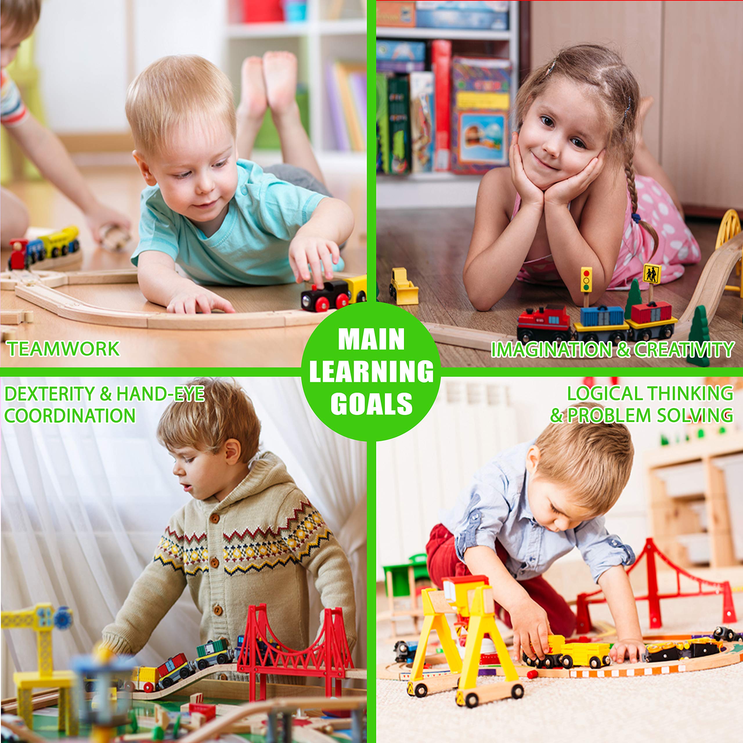 Wooden Train Tracks Full Set, Deluxe 55 Pcs with 3 Destination Fits Thomas, Brio, IKEA, Chuggington, Imaginarium, Melissa and Doug - Best Gifts for Kids Toddler Boys and Girls